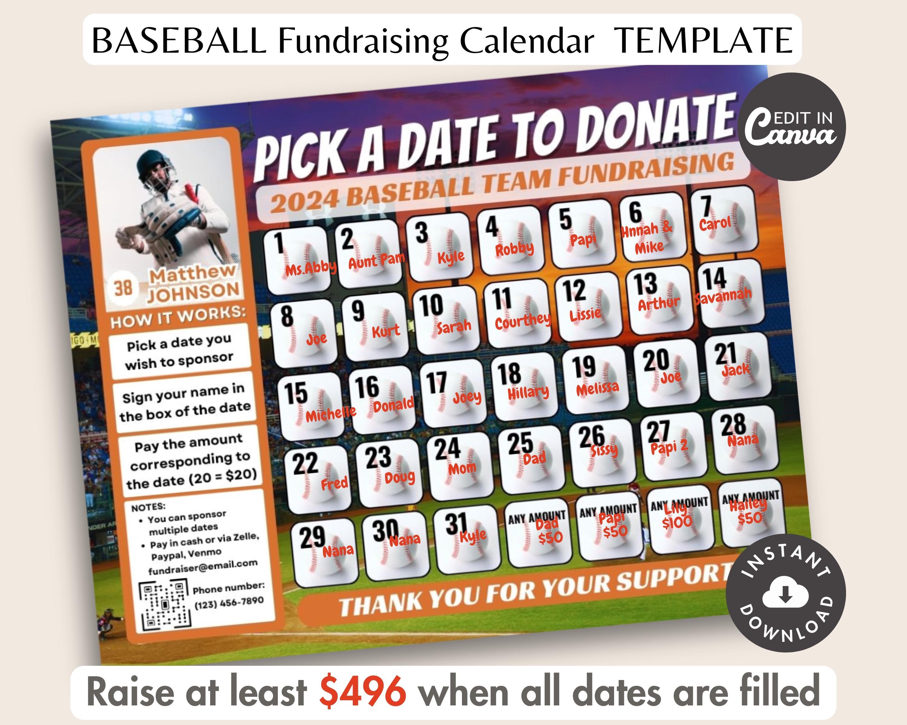 Editable BASEBALL Fundraising Calendar Canva TEMPLATE Customizable Fill ...