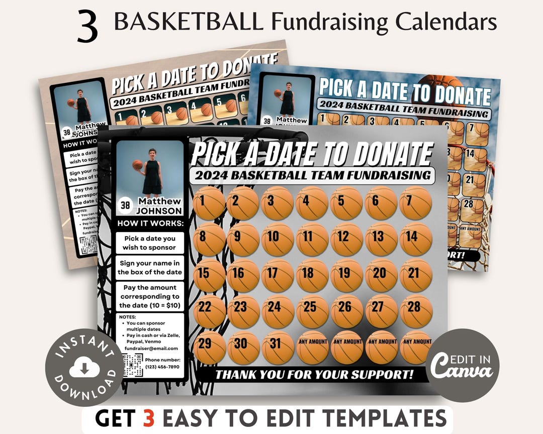 Editable BASKETBALL Fundraising Calendar Canva TEMPLATE Customizable ...