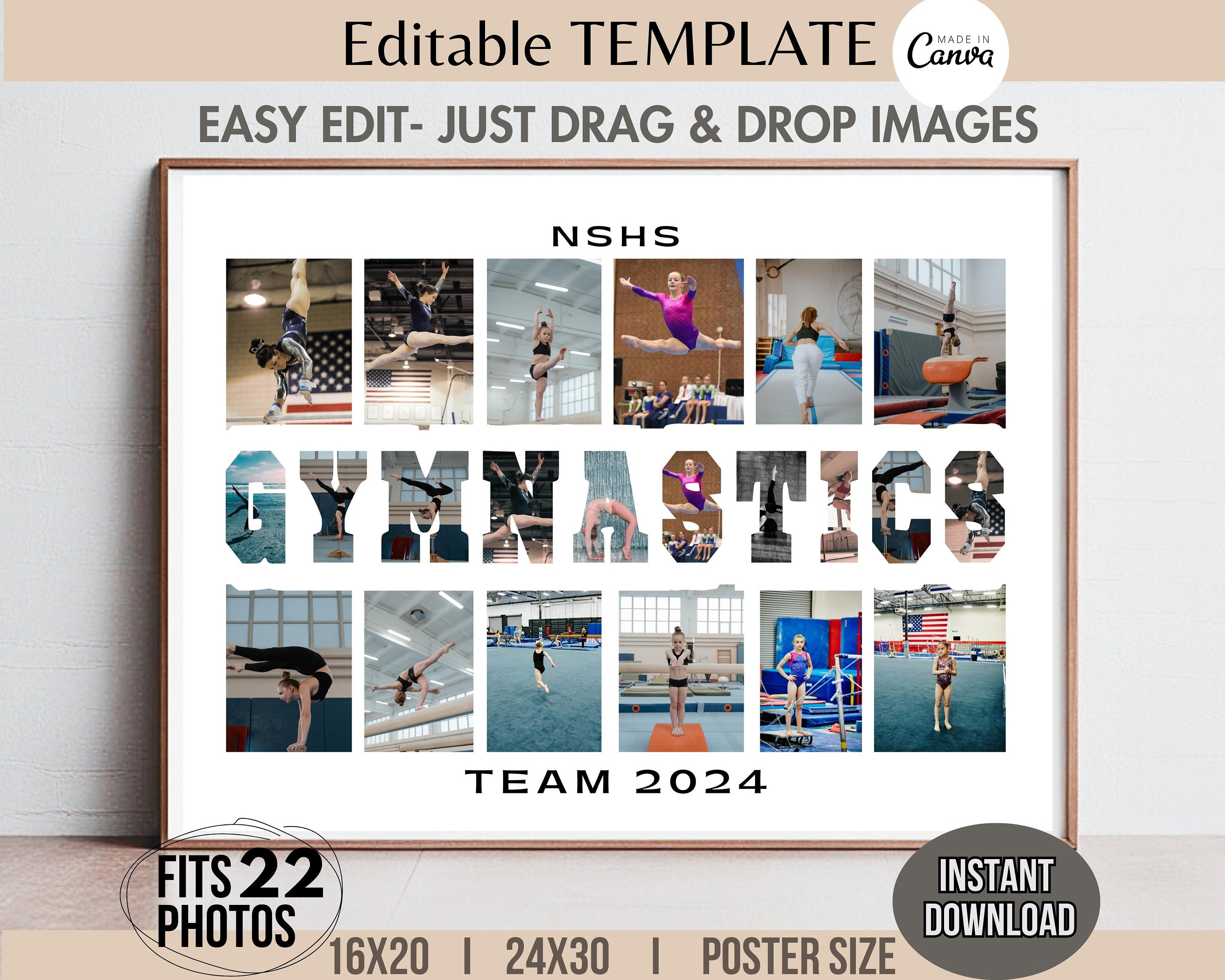 Editable 22-photo GYMNASTICS Collage Canva TEMPLATE Sports Team Poster ...