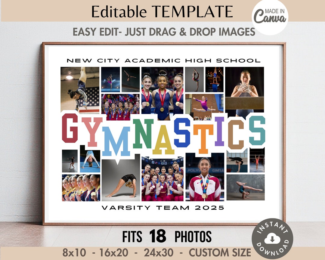 Editable 18-photo GYMNASTICS Collage Canva TEMPLATE Sports Team Poster ...