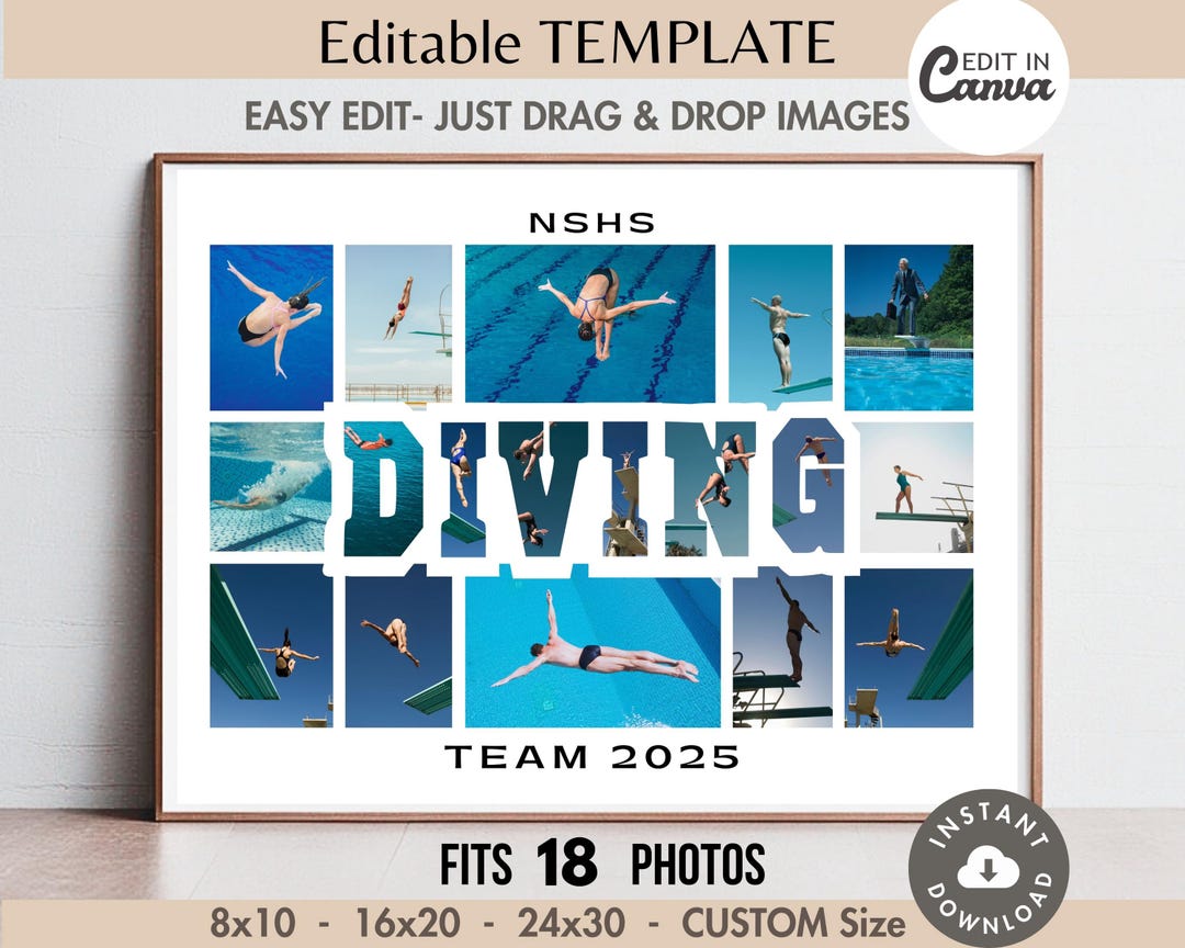 Editable DIVING Word Photo Collage Canva TEMPLATE Custom Sports Team ...