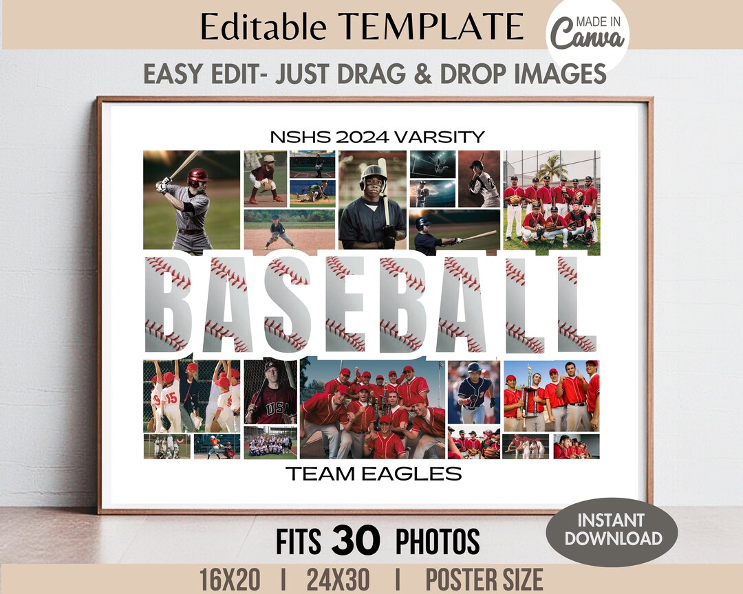 BASEBALL Photo Collage Ball Letter Frame TEMPLATE Printable Sports Team ...