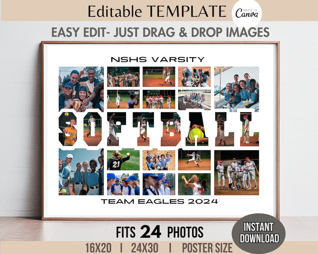 Editable SOFTBALL Photo Collage Grid TEMPLATE Customizable Sports Team ...