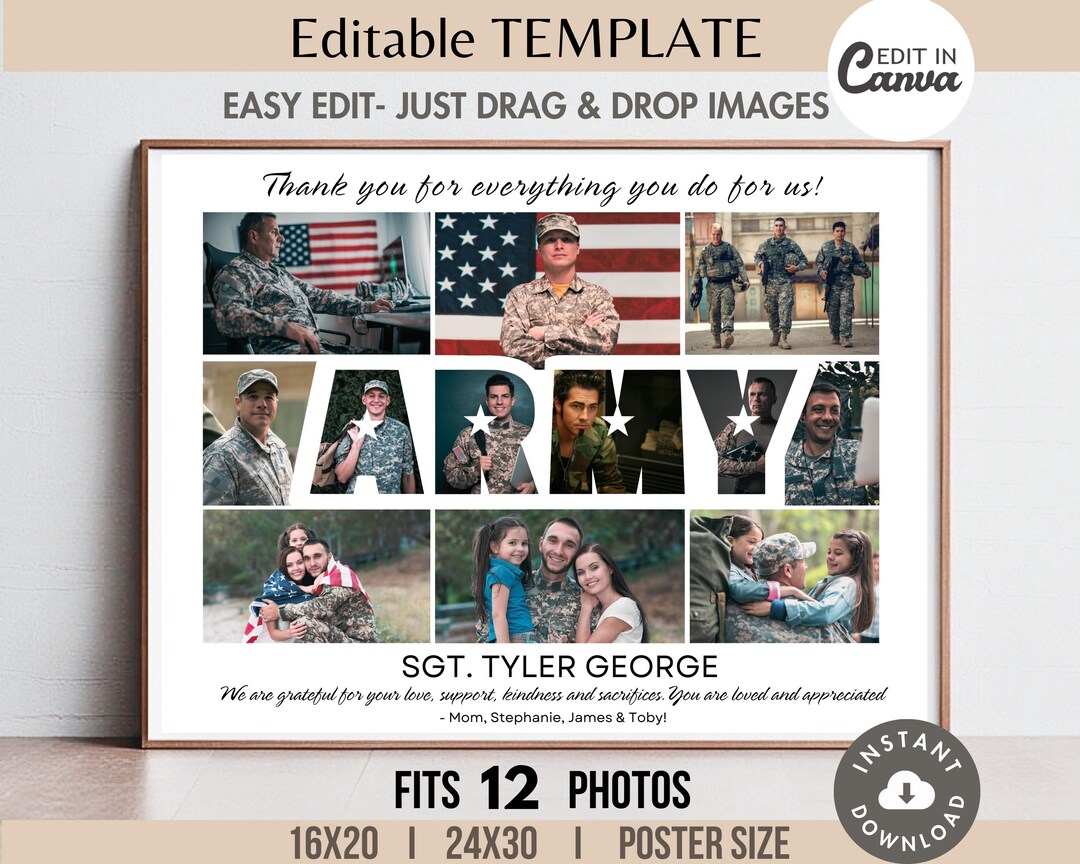 ARMY Word Photo Collage Frame Editable TEMPLATE Personalized Veteran's ...