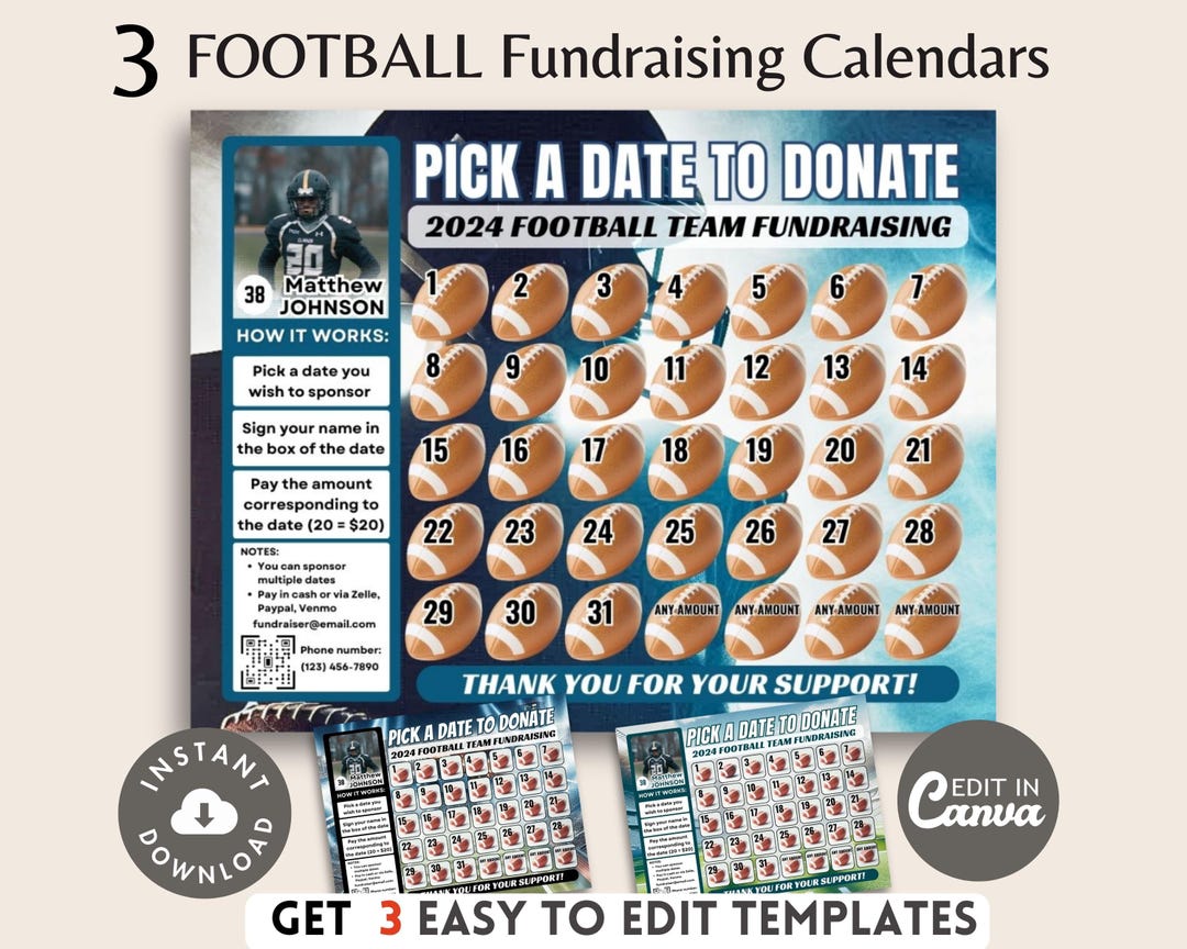 Editable FOOTBALL Fundraising Calendar Canva TEMPLATES, Printable Fill ...