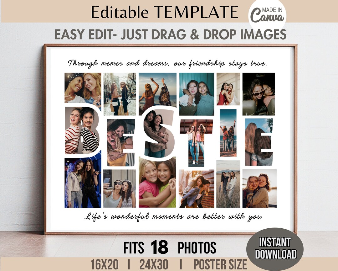 Editable 18-photo BESTIE Collage TEMPLATE Custom DIY Printable Friends ...