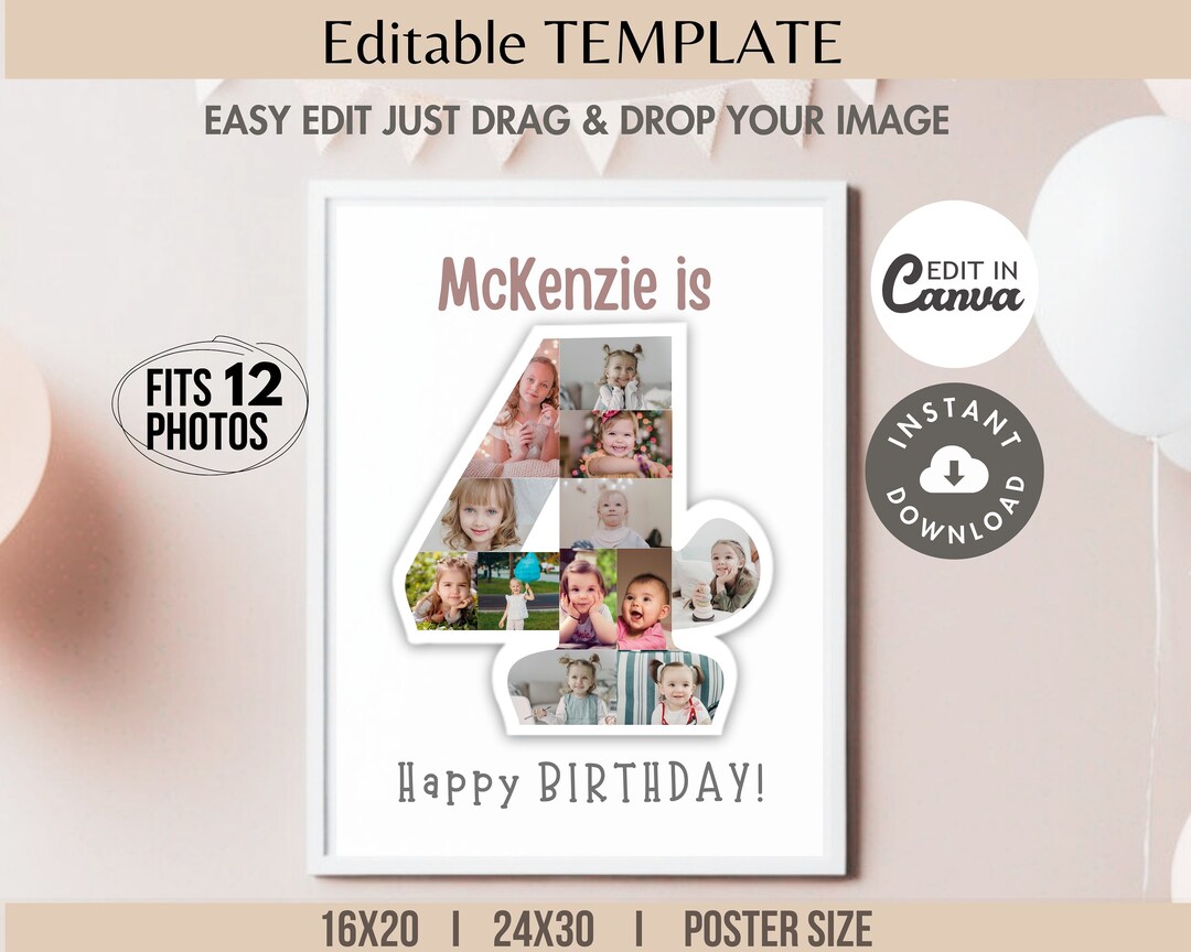 4th Birthday Party Poster Template Digital Download, Number 4 Frame ...