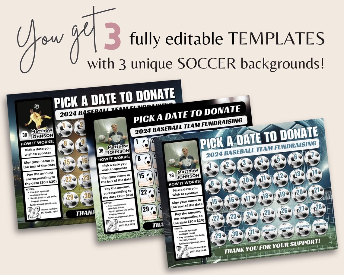 Editable SOCCER Fundraising Calendar Canva TEMPLATE Customizable Fill ...