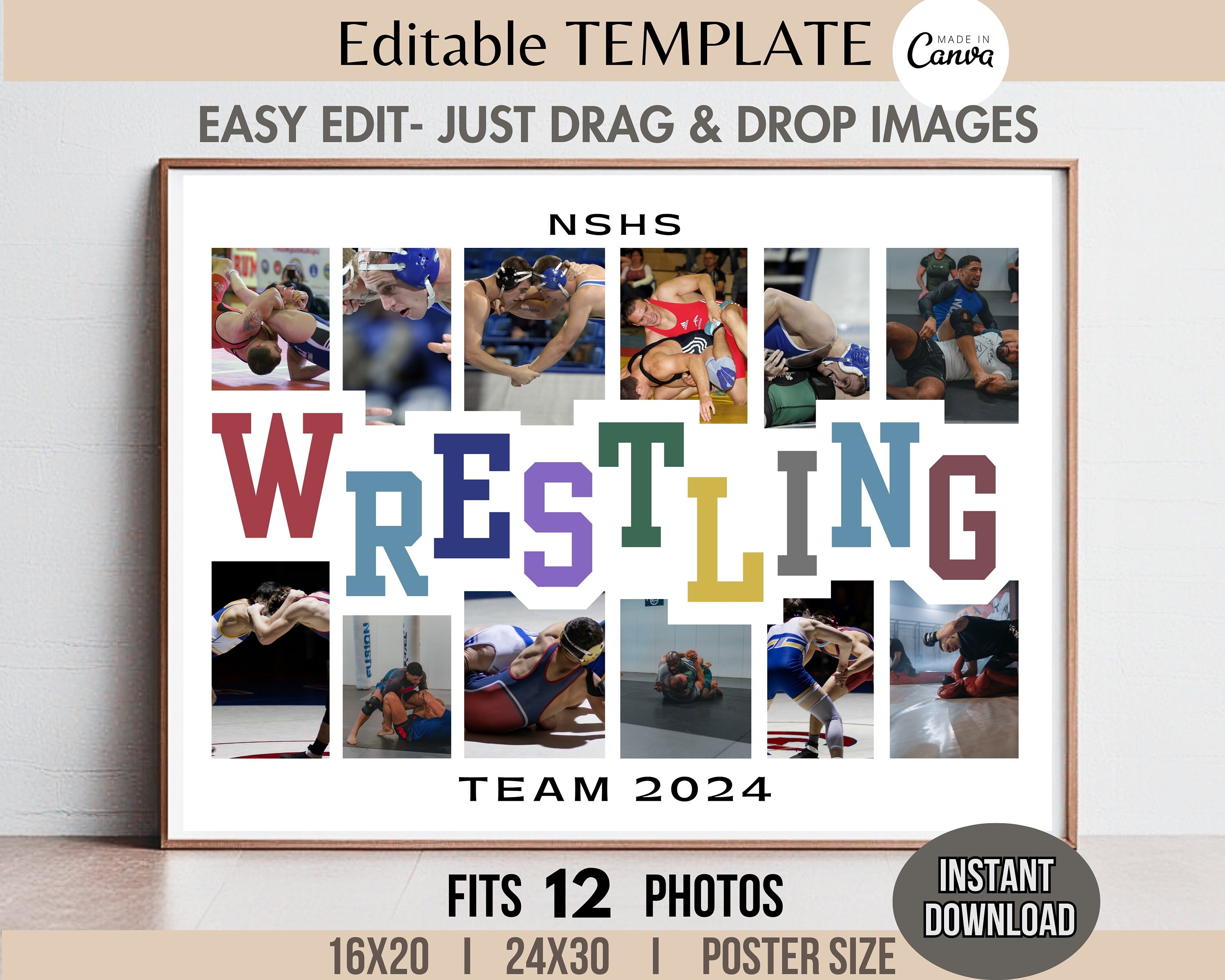 Editable 12-photo WRESTLING Collage Canva TEMPLATE Varsity Sports Team ...