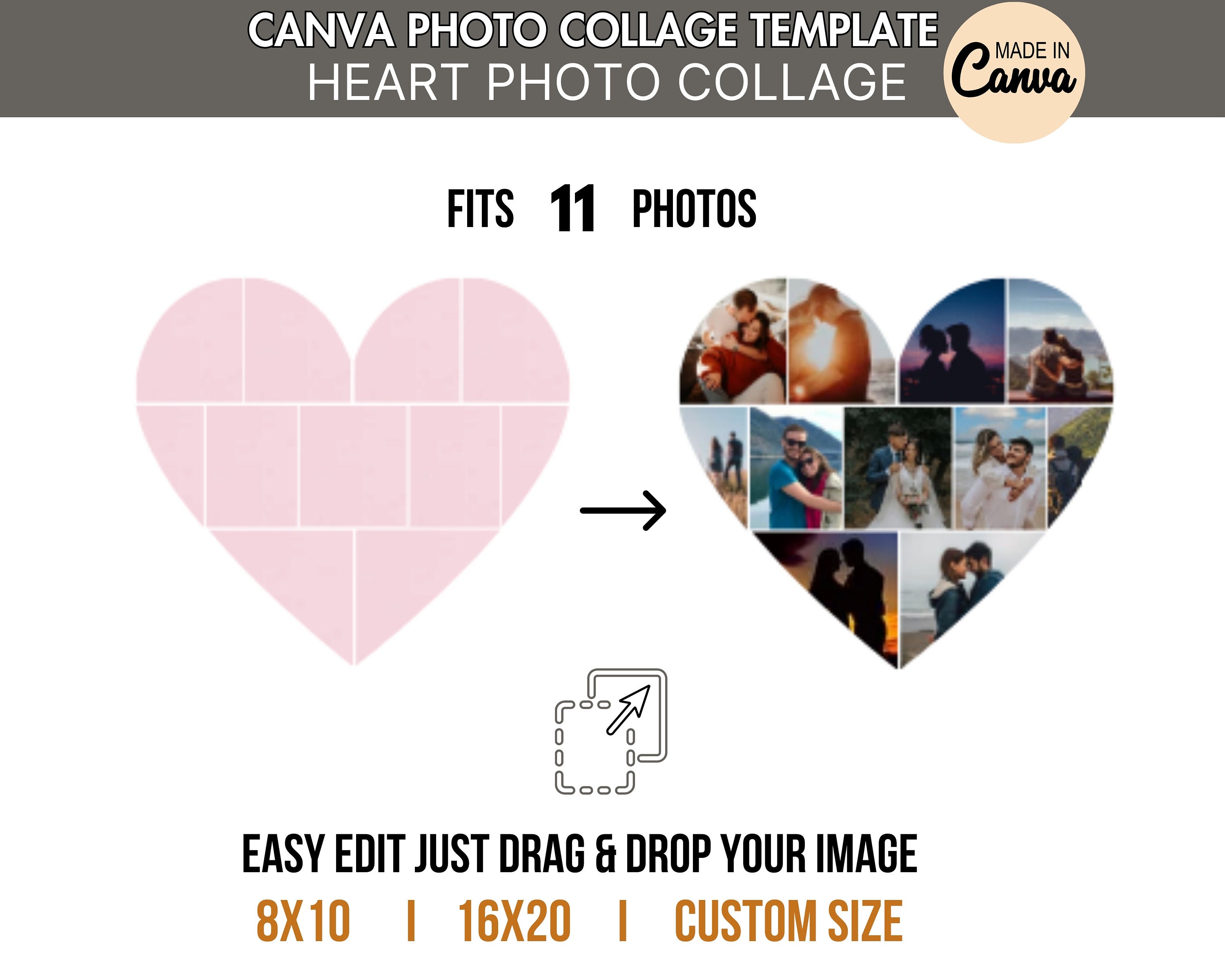 11-pictures HEART Photo COLLAGE Canva Template Design 10th Anniversary ...