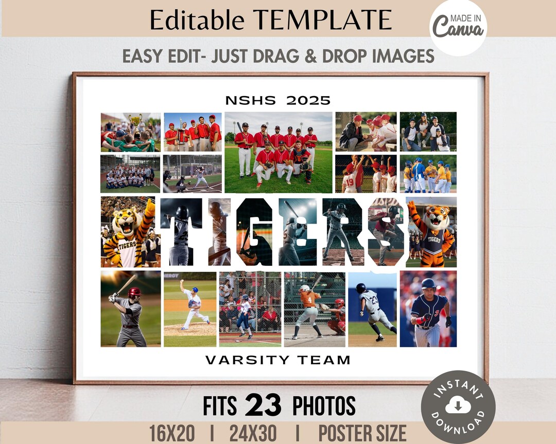 Editable 22-photo TIGERS Word Collage Canva TEMPLATE Sports Team Poster ...