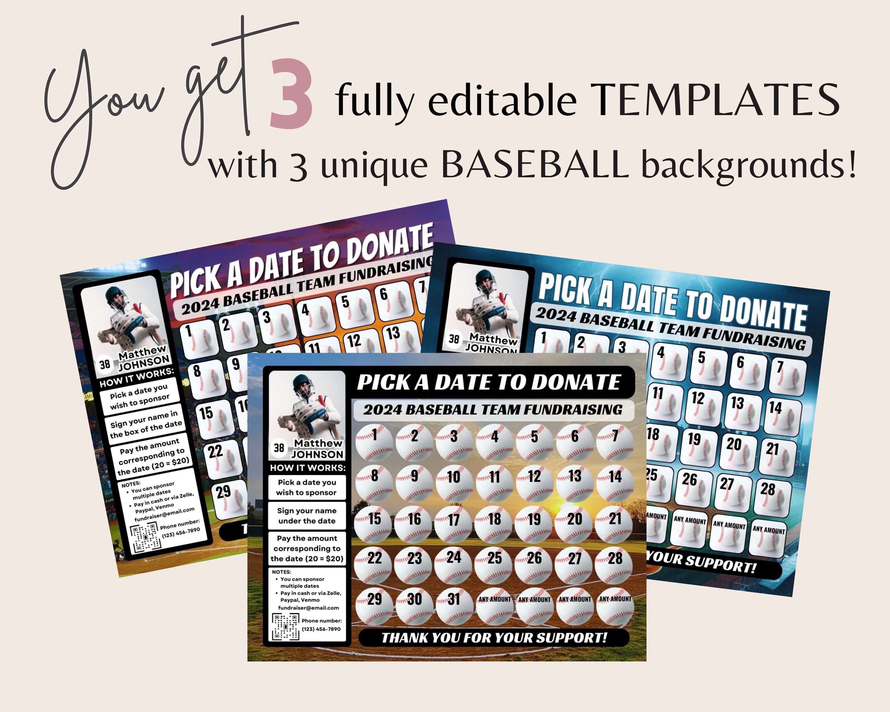 Editable BASEBALL Fundraising Calendar Canva TEMPLATE Customizable Fill ...