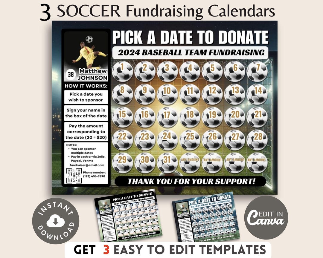 Editable SOCCER Fundraising Calendar Canva TEMPLATE Customizable Fill ...