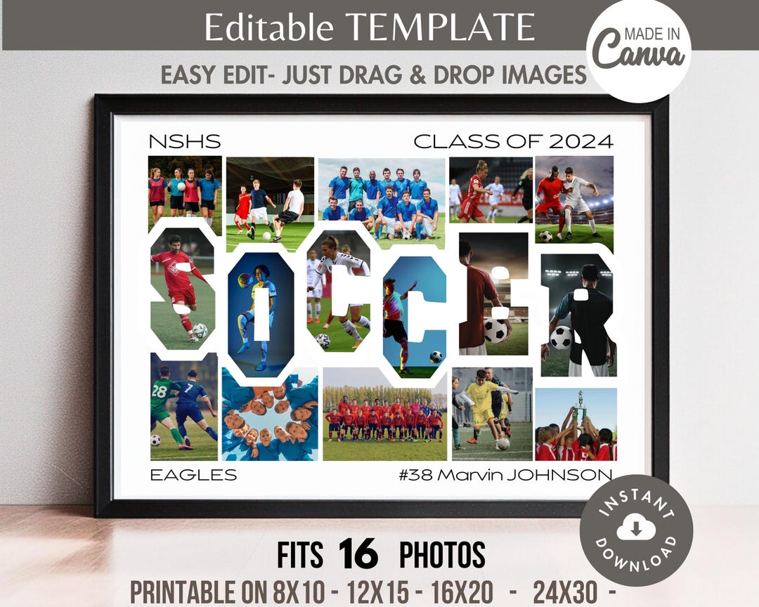 Editable 16-photo SOCCER Word Collage TEMPLATE Printable Sports Team ...