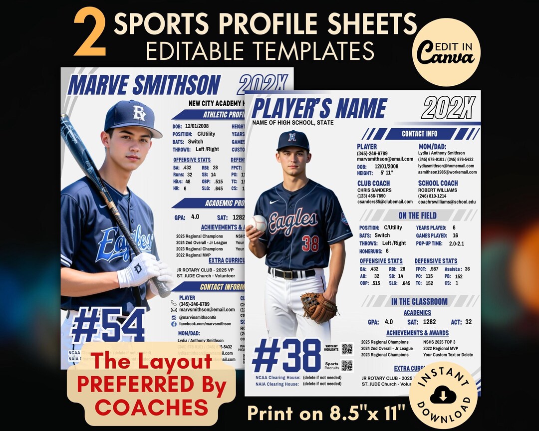 2-editable Player Profile Sheet TEMPLATES, Any Sports Athlete Photo ...
