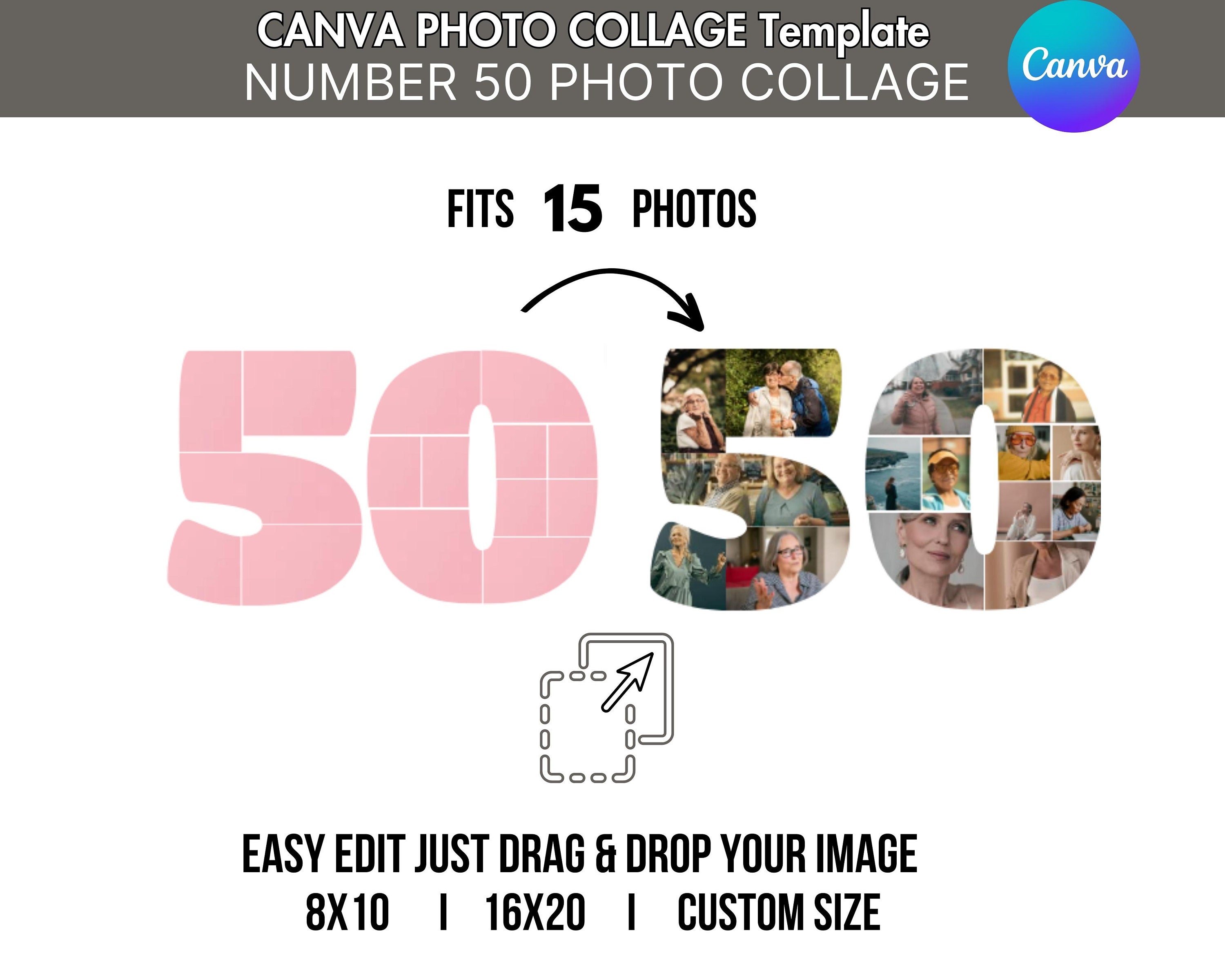 Editable Number 50 Photo Collage Canva TEMPLATE for 50th Birthday ...