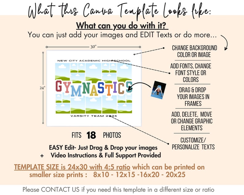 Editable 18-photo GYMNASTICS Collage Canva TEMPLATE Sports Team Poster ...
