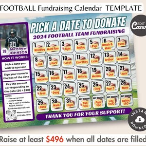 Editable FOOTBALL Fundraising Calendar Canva TEMPLATES, Printable Fill ...