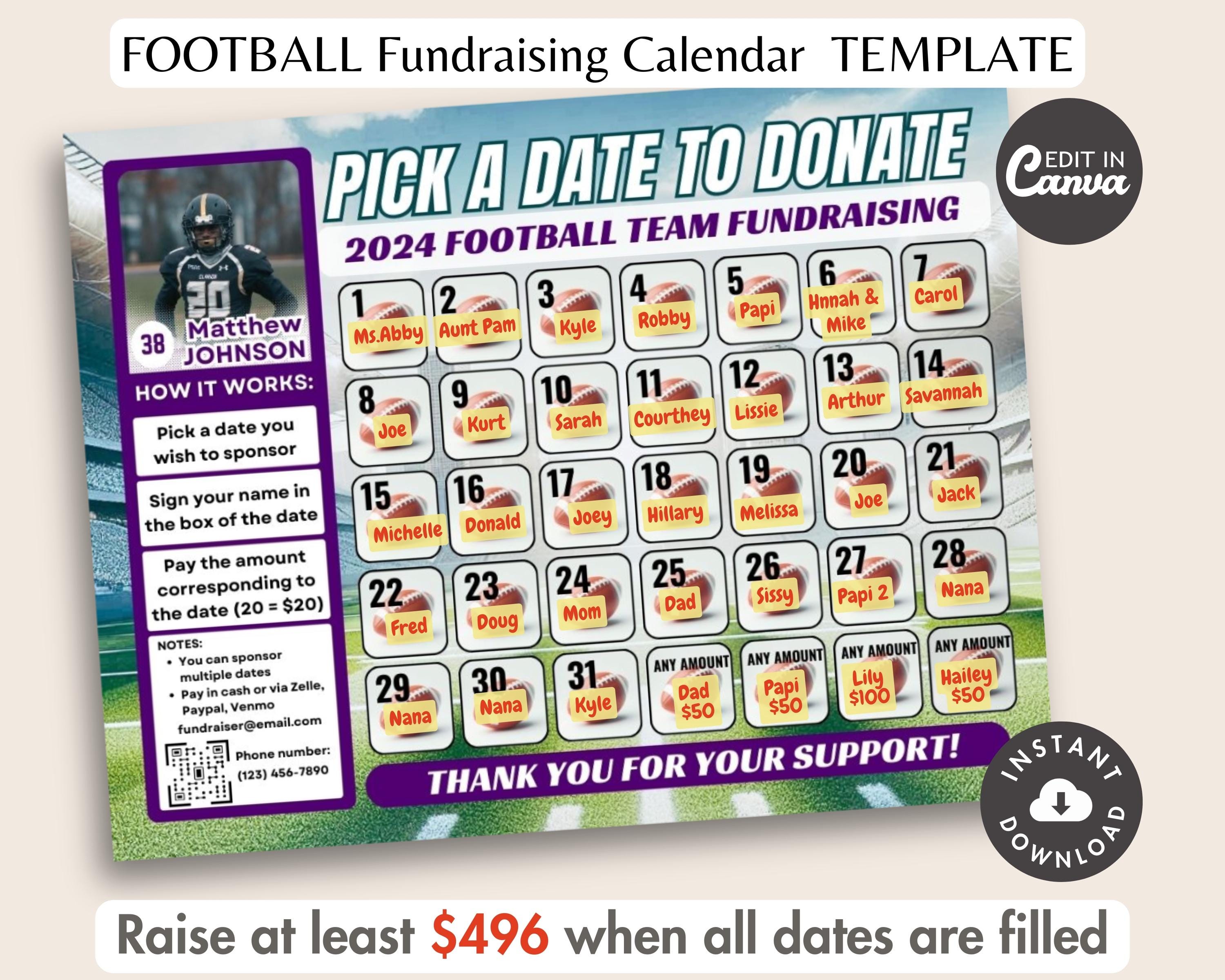 Editable FOOTBALL Fundraising Calendar Canva TEMPLATES, Printable Fill ...