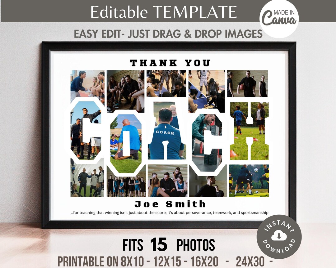 Editable 15-photo COACH Word Collage Canva TEMPLATE Printable Sports ...