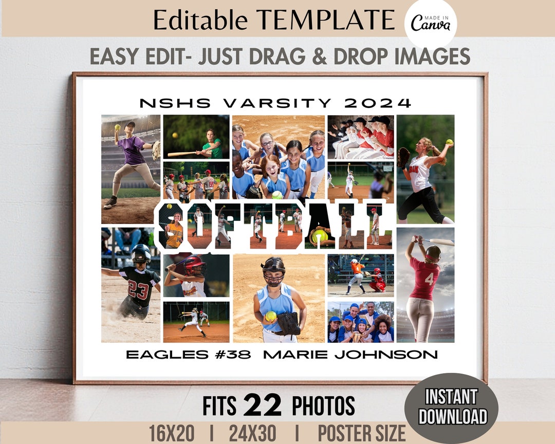 Editable 22-photo SOFTBALL Collage Canva TEMPLATE Sports Team Poster ...