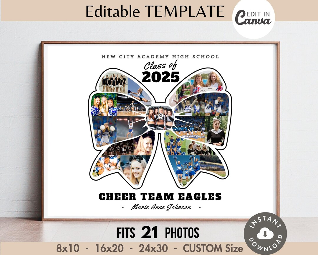 Hair Bow CHEER Photo Collage Frame Editable Canva TEMPLATE Sports Team ...