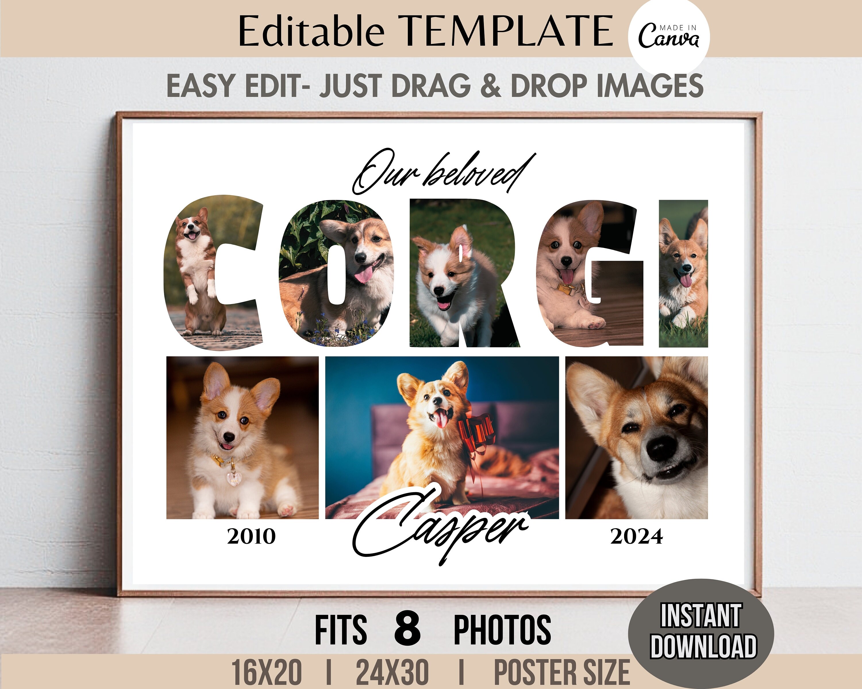 Editable CORGI Photo Collage Canva TEMPLATE Printable Dog Wall Art ...