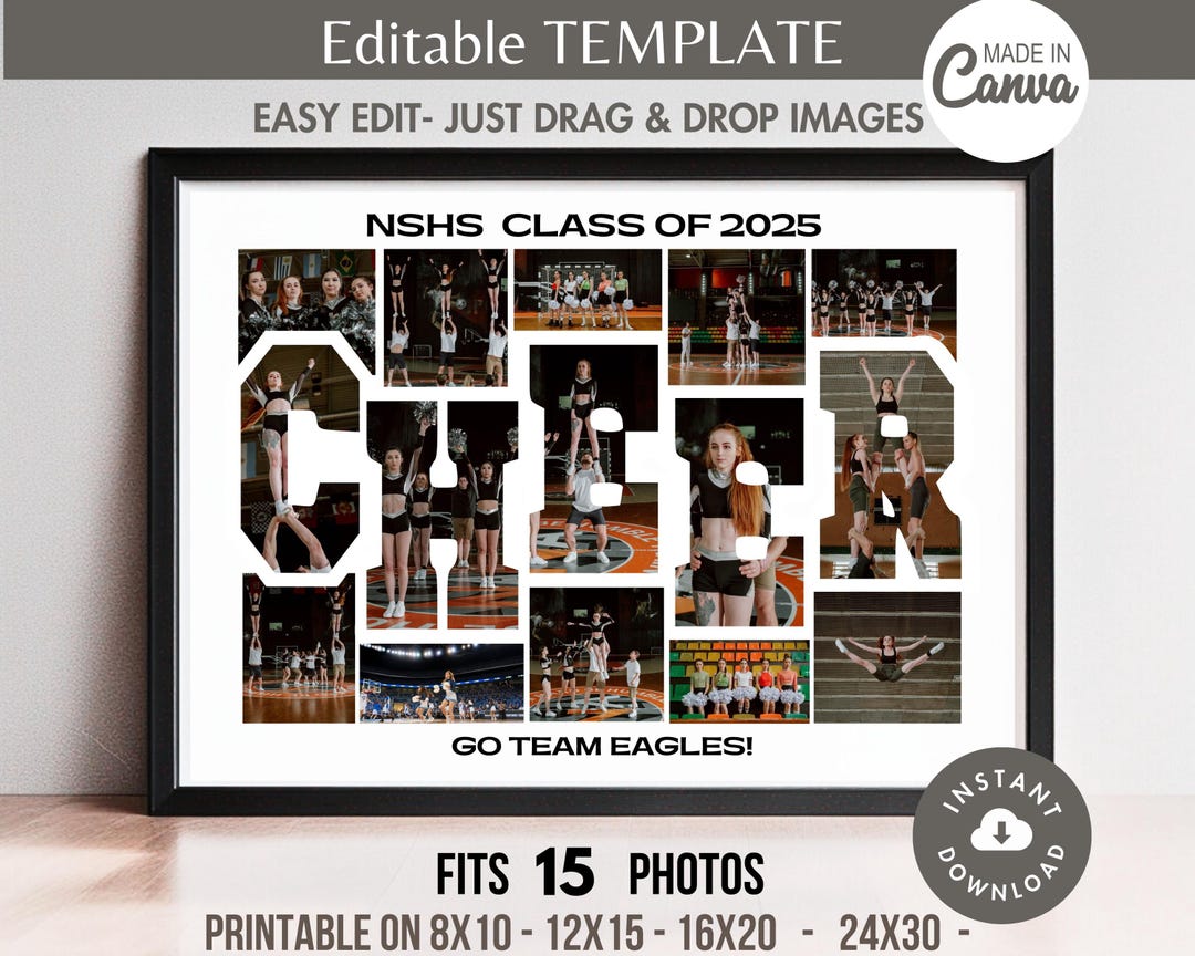 Editable 15-photo CHEER Word Collage Canva TEMPLATE Sports Team Poster ...