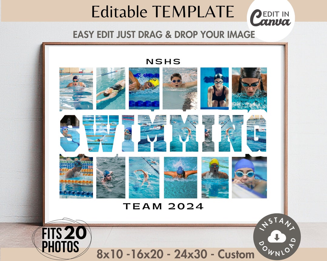 Editable 20-photo SWIMMING Collage Canva TEMPLATE Sports Team Poster ...