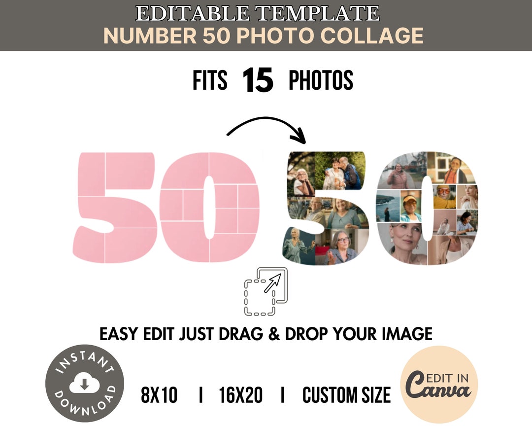Editable Number 50 Photo Collage Canva TEMPLATE for 50th Birthday ...