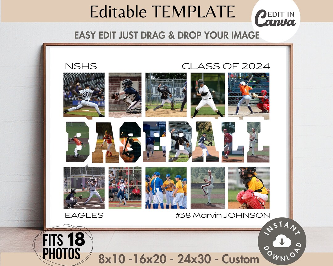 Editable 18-photo BASEBALL Collage Canva TEMPLATE Sports Team Poster ...