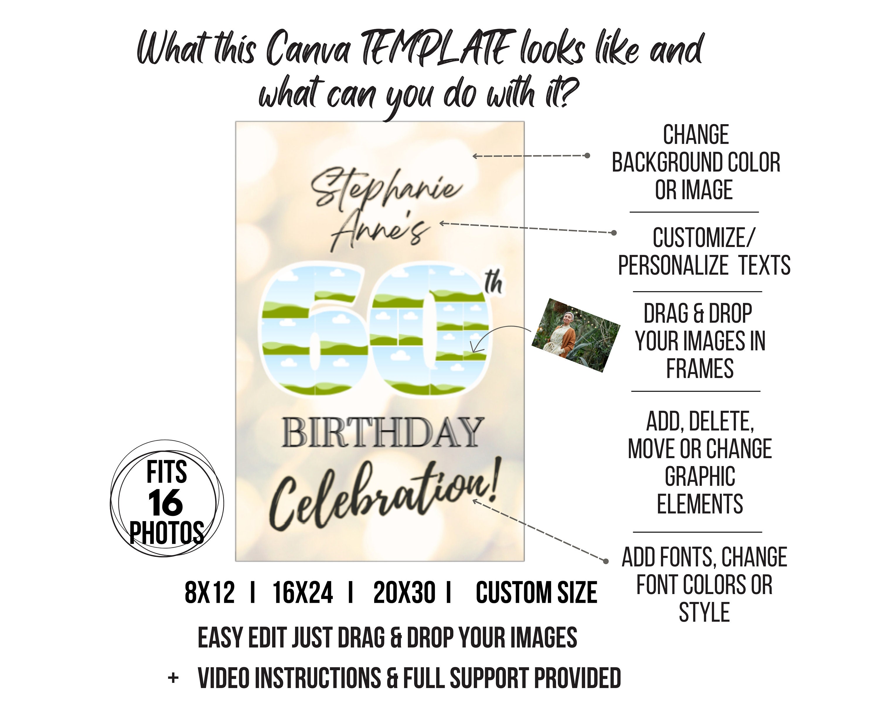 Editable 60th Birthday Welcome Sign Canva TEMPLATE Number 60 Photo ...