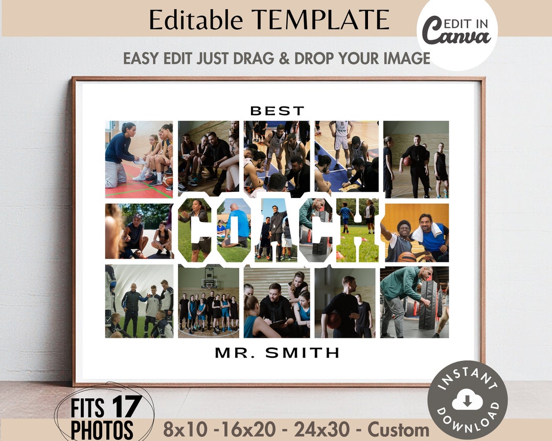 Editable 17-photo COACH Collage Canva TEMPLATE Sports Team Game Poster ...