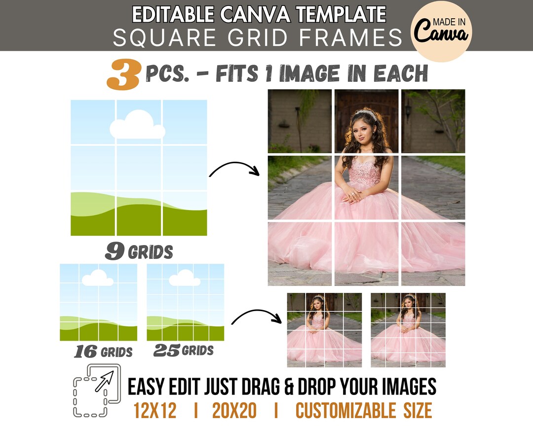 3pcs SQUARE Grid Frame Canva Template Fits 1 Image Each for Wall Art ...
