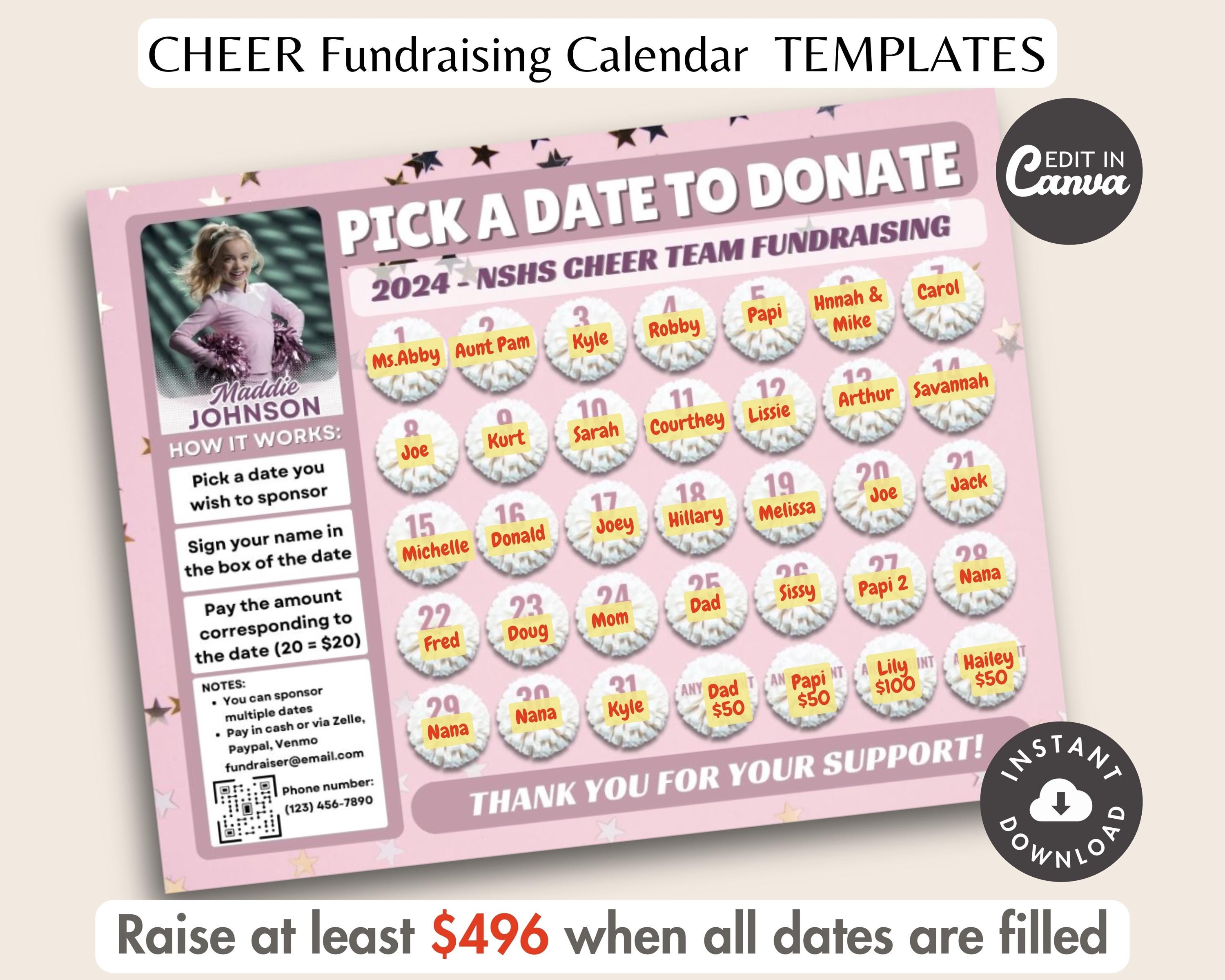 Editable CHEER Fundraising Calendar Canva TEMPLATE Customizable Fill ...