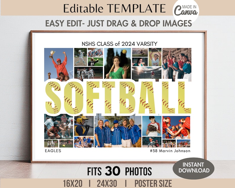 Editable 30-photo SOFTBALL Collage TEMPLATE Printable Sports Team ...