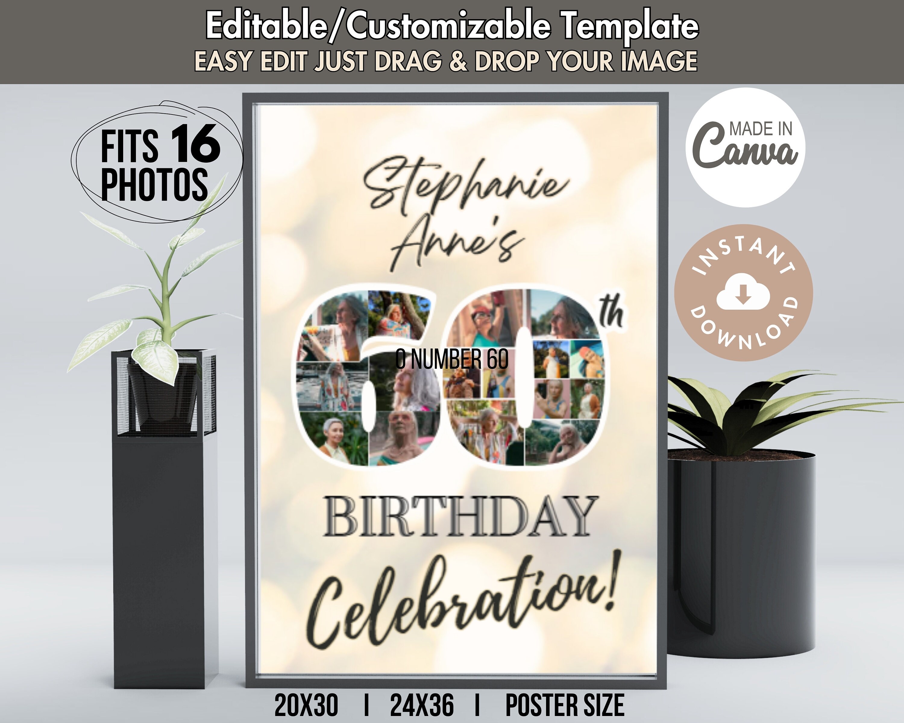 Editable 60th Birthday Welcome Sign Canva TEMPLATE Number 60 Photo ...