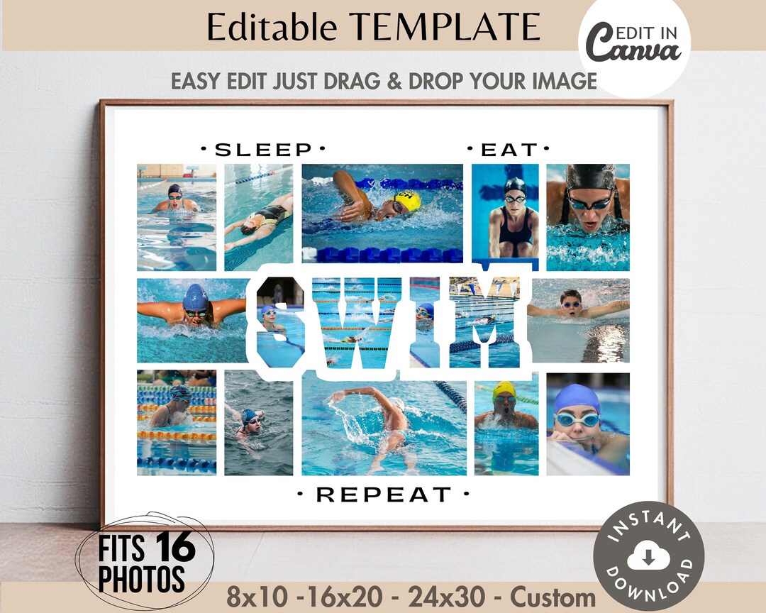 Editable 16-photo SWIM Collage Canva TEMPLATE Sports Team Poster Banner ...