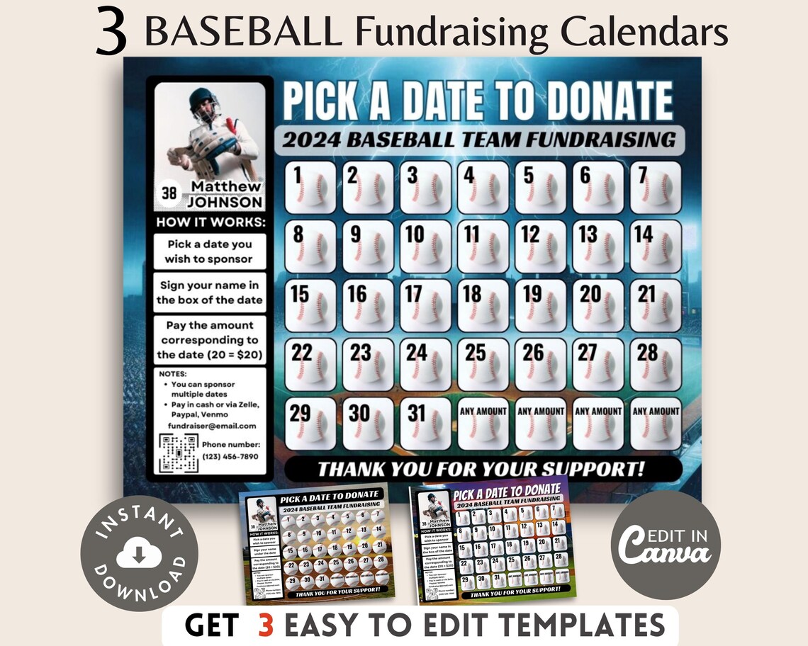Editable BASEBALL Fundraising Calendar Canva TEMPLATE Customizable Fill ...