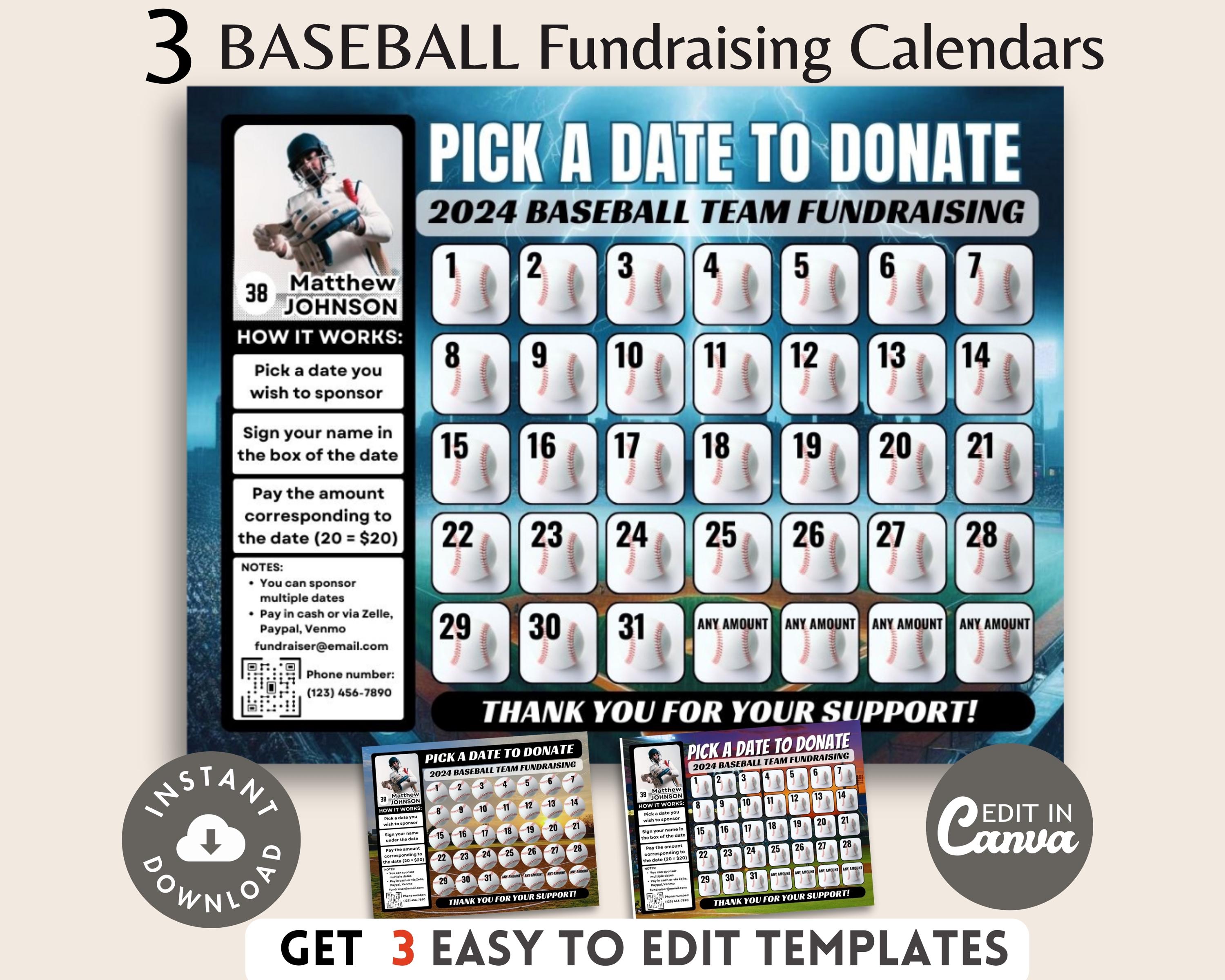 Editable BASEBALL Fundraising Calendar Canva TEMPLATE Customizable Fill ...