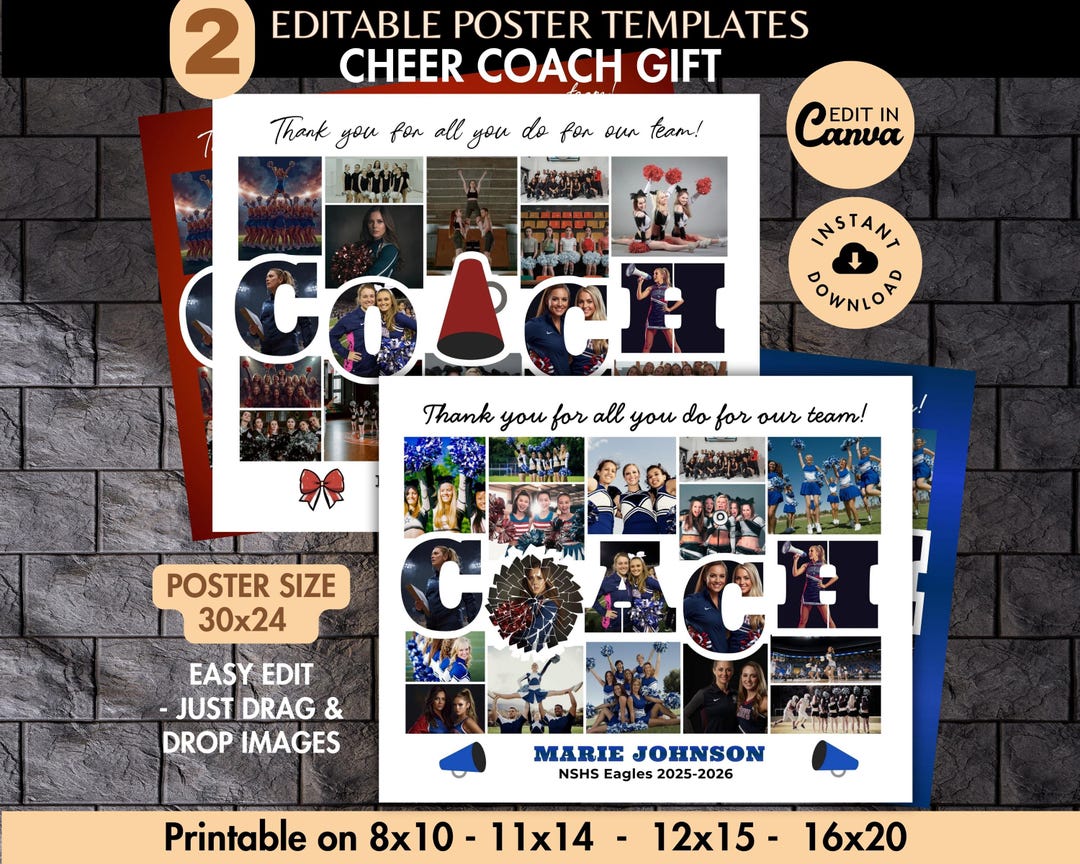 Cheer COACH Photo Collage TEMPLATES, Printable Custom Cheerleading Team ...