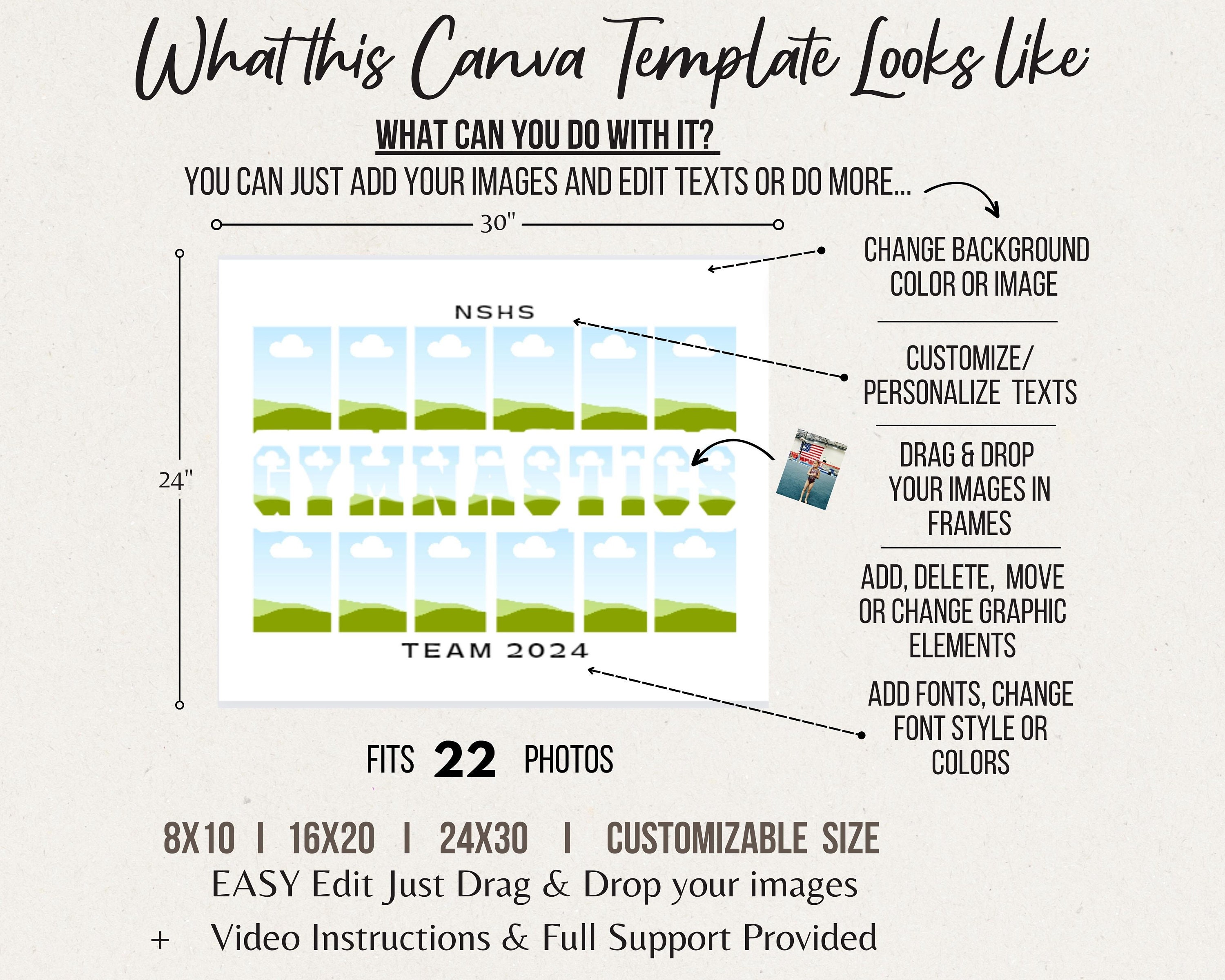 Editable 22-photo GYMNASTICS Collage Canva TEMPLATE Sports Team Poster ...