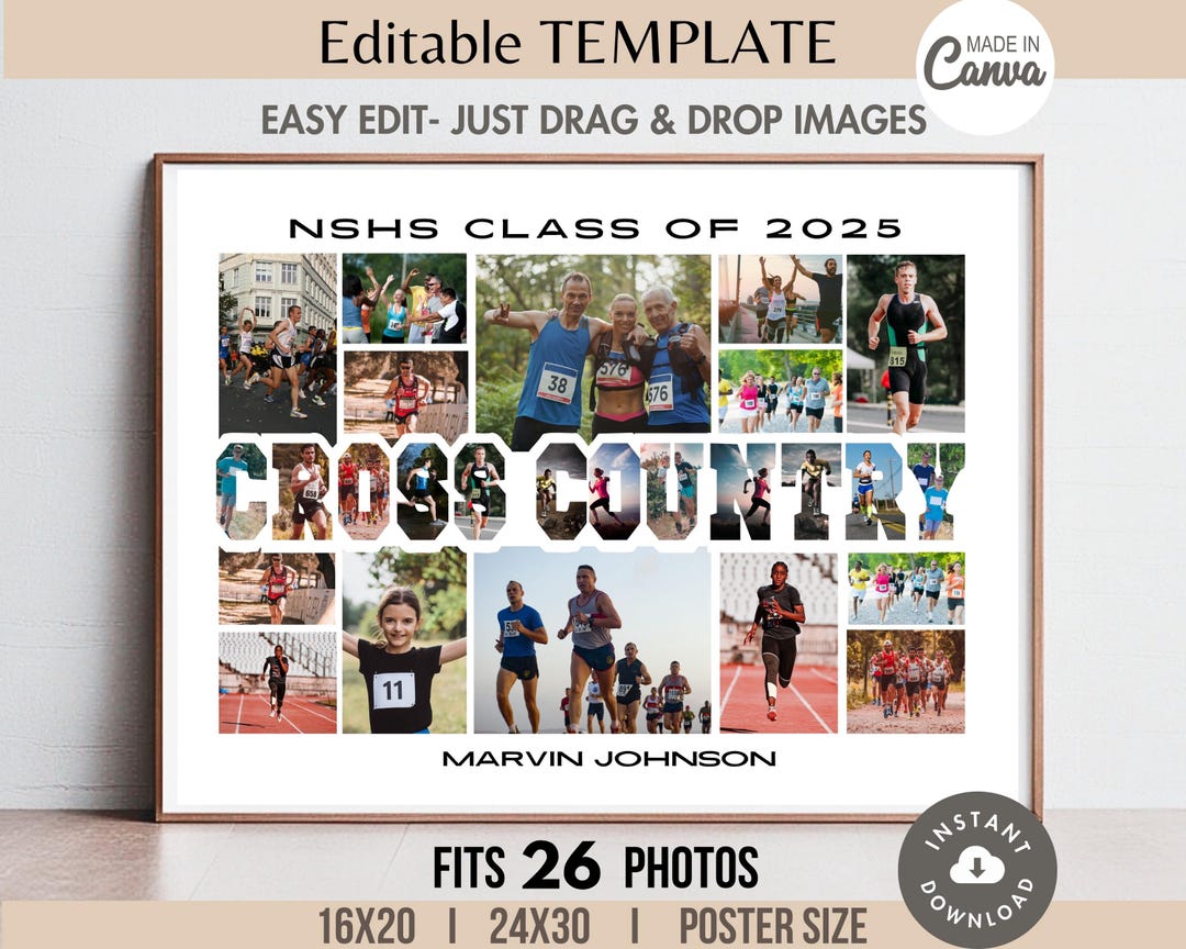 Editable 26-photo CROSS Country Word Collage Canva TEMPLATE Printable ...