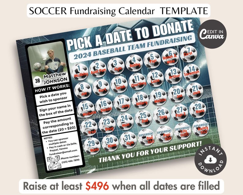 Editable SOCCER Fundraising Calendar Canva TEMPLATE Customizable Fill ...