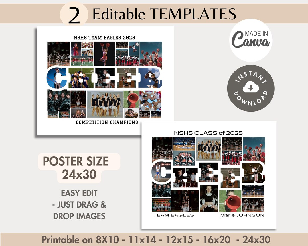 2-editable CHEER Word Photo Collage Canva TEMPLATE Sports Team Poster ...