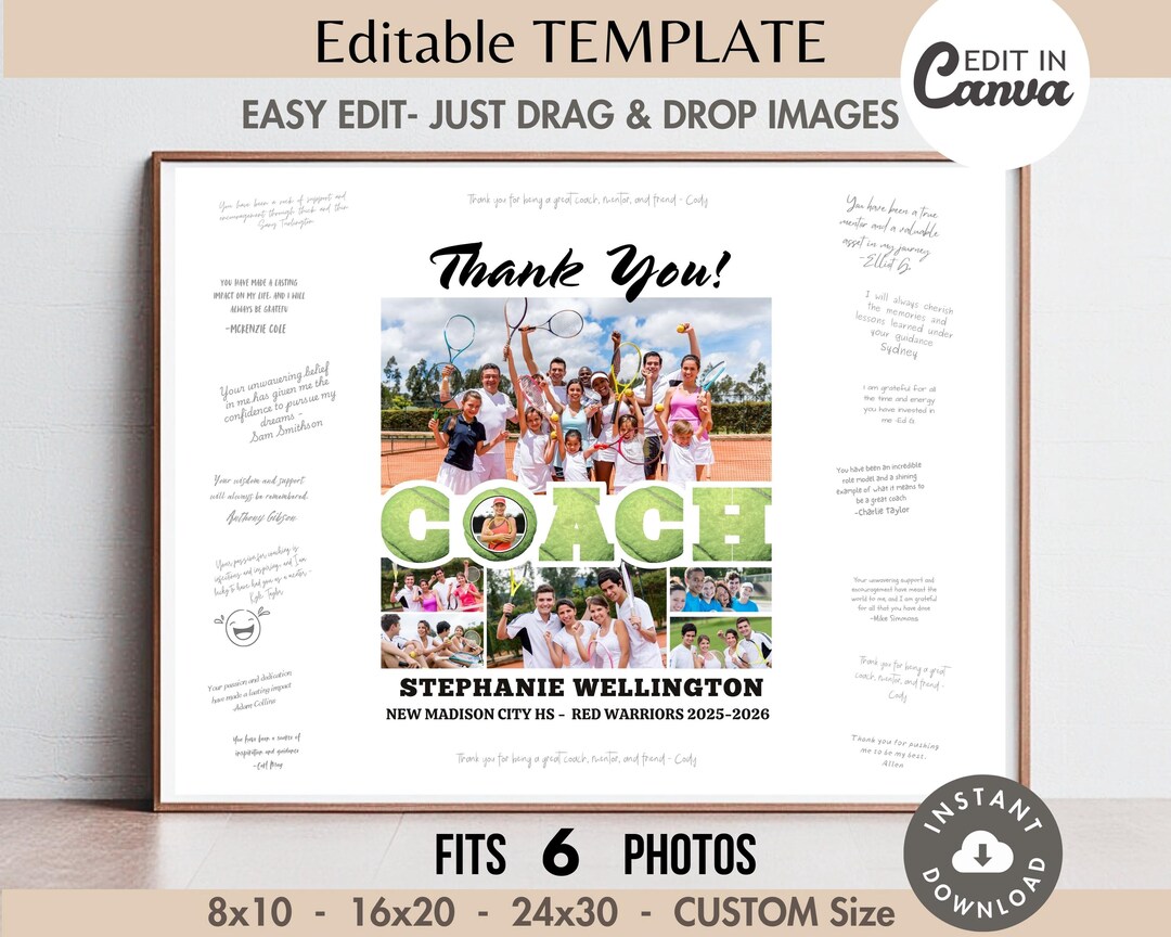Editable Tennis COACH Signing Frame Canva TEMPLATE Word Photo Collage ...