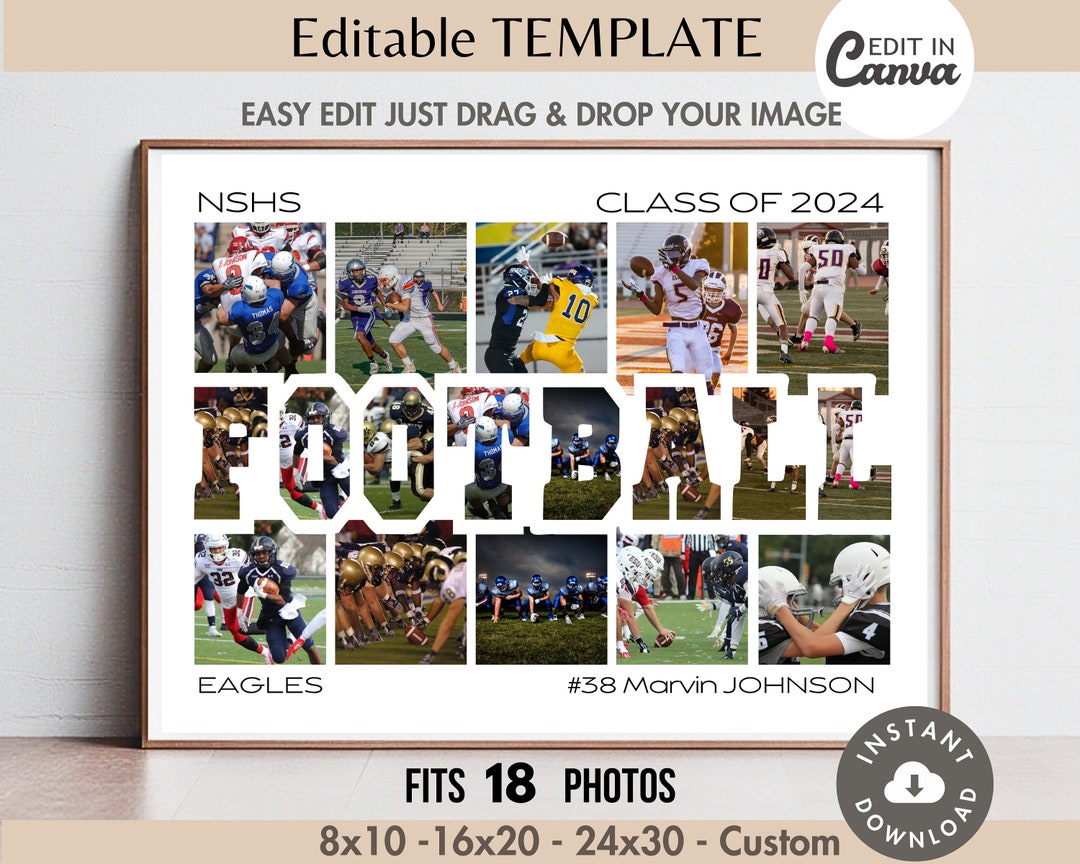 Editable 18-photo FOOTBALL Collage Canva TEMPLATE Sports Team Poster ...