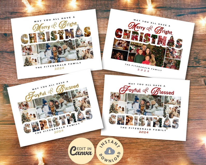 Editable Christmas Photo Collage Card TEMPLATE Custom Word Frame Boho ...