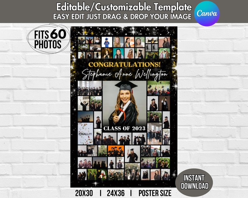 Editable 2023 Graduation Collage Poster Canva TEMPLATE 60 Photos Black ...