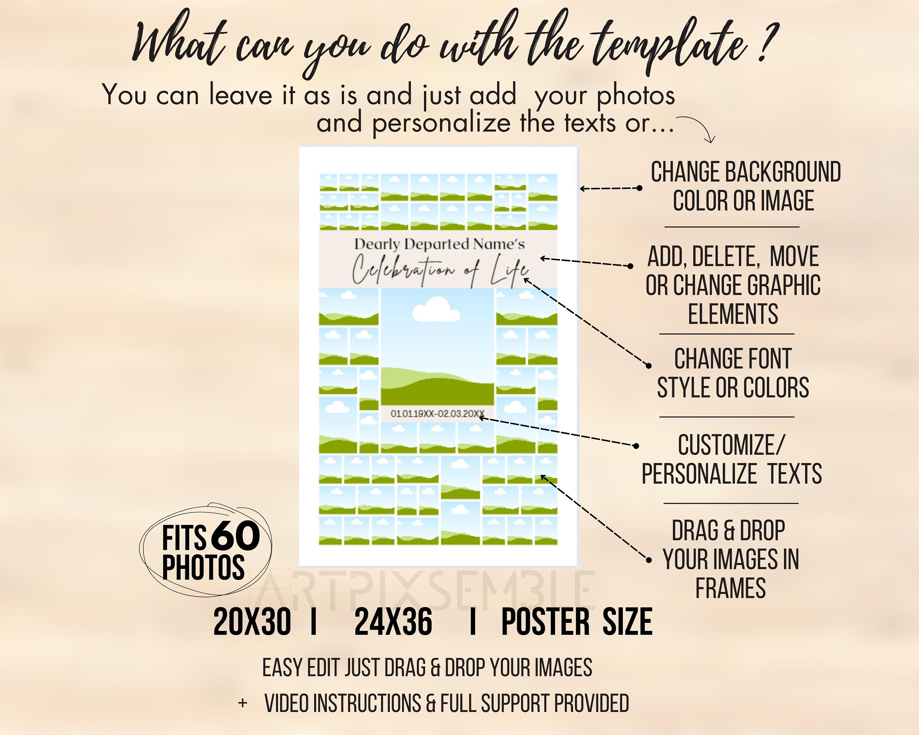 Editable Memorial Photo Collage Canva TEMPLATE, Printable 60-pic ...